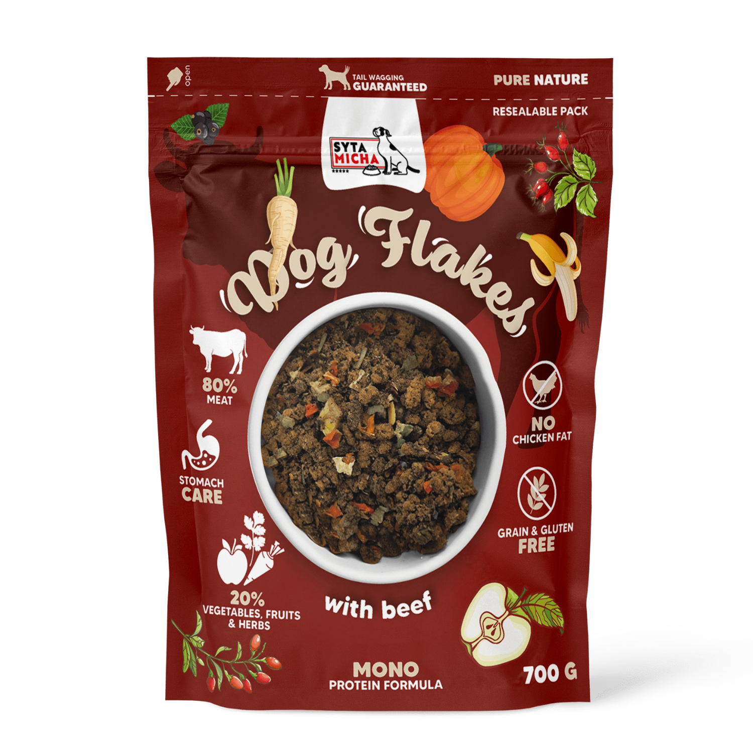 Dog Flakes z wołowiną dla psa – Syta Micha suszona karma BARF